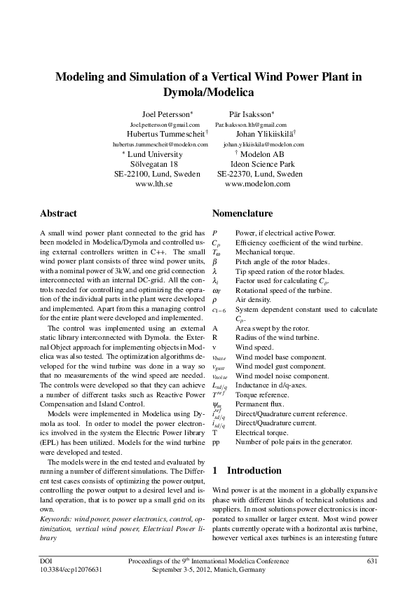 (PDF) Modeling and Simulation of a Vertical Wind Power Plant in Dymola ...