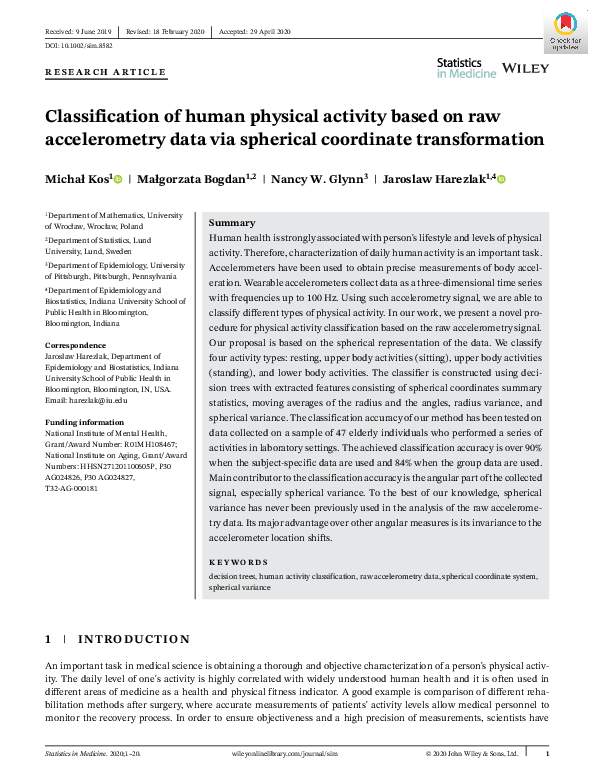 Pdf Classification Of Human Physical Activity Based On Raw Accelerometry Data Via Spherical
