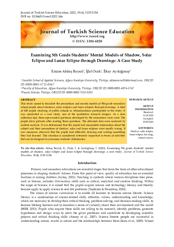 (PDF) Examining 5th Grade Students Mental Models of Shadow, Solar Eclipse and Lunar Eclipse ...