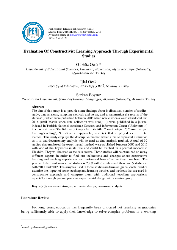 (PDF) Evaluation Of Constructivist Learning Approach Through Experimental Studies