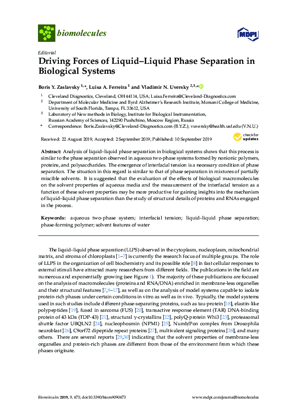 (PDF) Driving Forces of Liquid–Liquid Phase Separation in Biological Systems