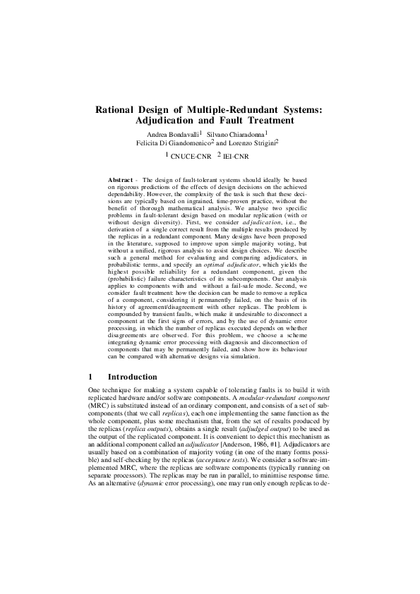 (PDF) Rational Design of Multiple-Redundant Systems: Adjudication and Fault Treatment