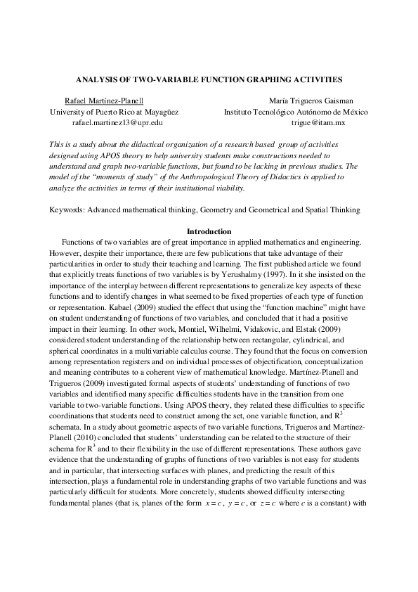 (PDF) Analysis of Two-Variable Function Graphing Activities