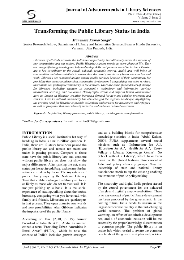 (PDF) Transforming the Public Library Status in India