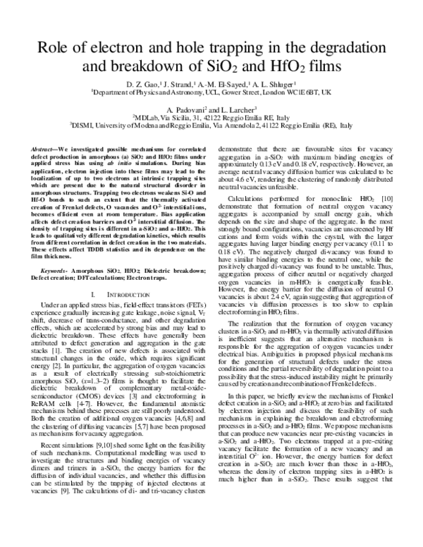 (PDF) Role of electron and hole trapping in the degradation and breakdown of SiO2 and HfO2 films