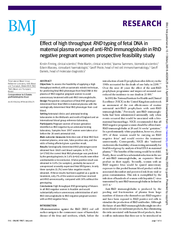 (PDF) Effect of high throughput RHD typing of fetal DNA in maternal ...