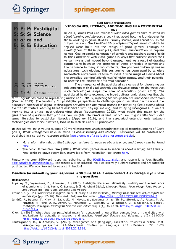 (PDF) Call for Contributions VIDEO GAMES, LITERACY, AND TEACHING IN A POSTDIGITAL AGE
