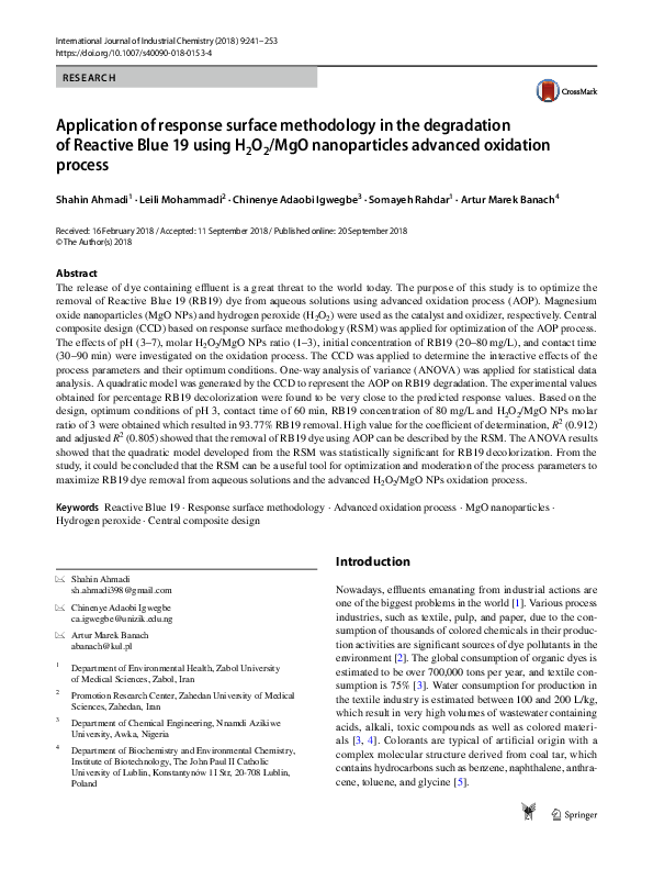 (PDF) Application of response surface methodology in the degradation of Reactive Blue 19 using ...
