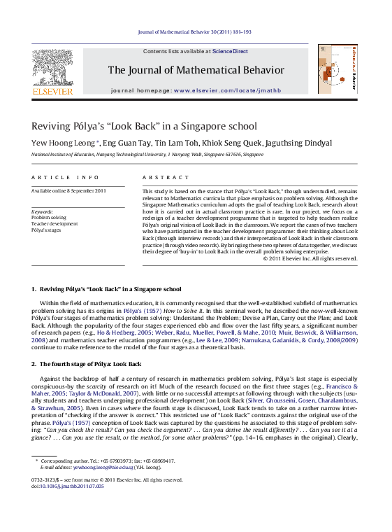 (PDF) Reviving Pólya's “Look Back” in a Singapore school