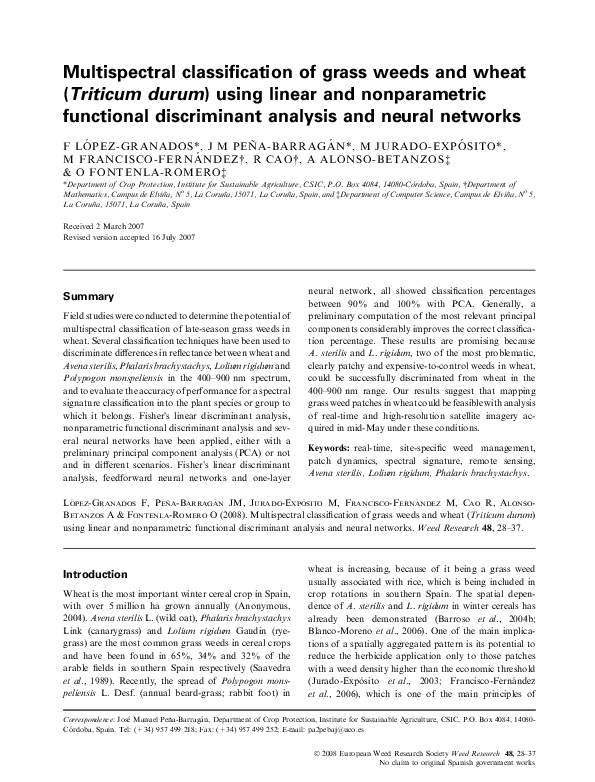 (PDF) Multispectral classification of grass weeds and wheat (Triticum durum) crop using linear ...