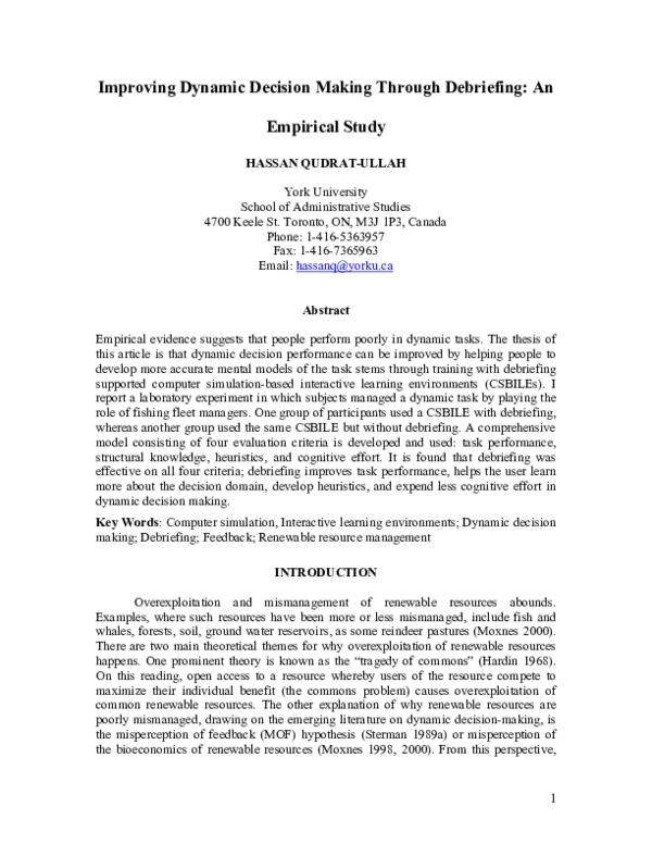 (PDF) Improving Dynamic Decision Making Through Debriefing: An Empirical Study