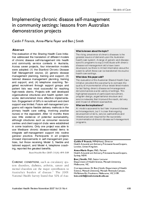 (PDF) Implementing the chronic disease self-management program