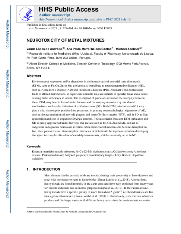 (PDF) Neurotoxicity of metal mixtures