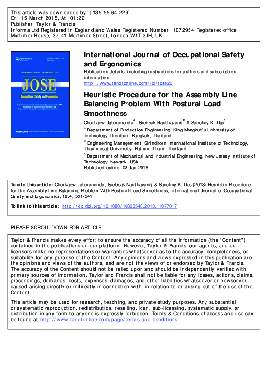 (PDF) Heuristic Procedure for the Assembly Line Balancing Problem With Postural Load Smoothness
