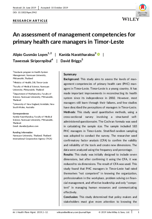 (PDF) An assessment of management competencies for primary health care managers in Timor‐Leste ...