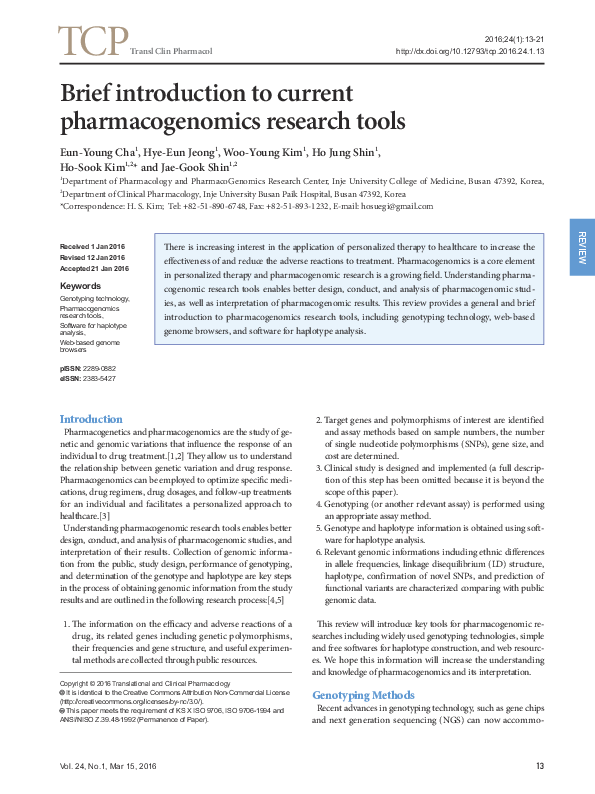 (PDF) Brief introduction to current pharmacogenomics research tools
