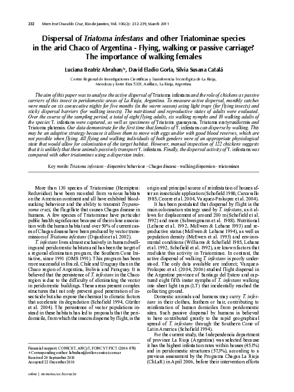 (PDF) Dispersal of Triatoma infestans and other Triatominae species in ...