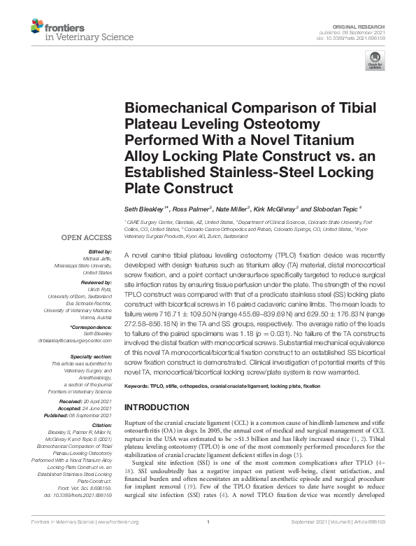 (PDF) Biomechanical Comparison of Tibial Plateau Leveling Osteotomy ...