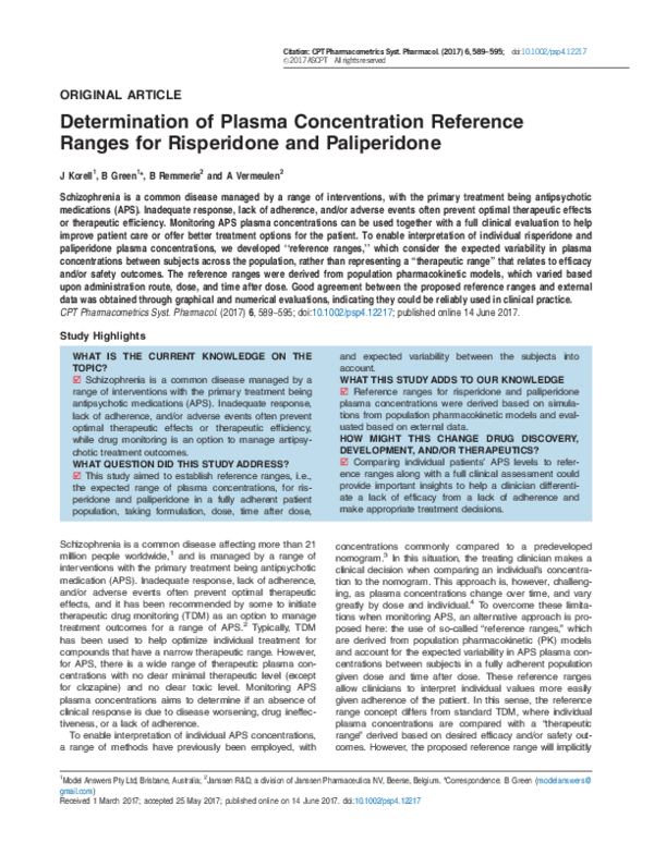(PDF) Determination of Plasma Concentration Reference Ranges for Risperidone and Paliperidone