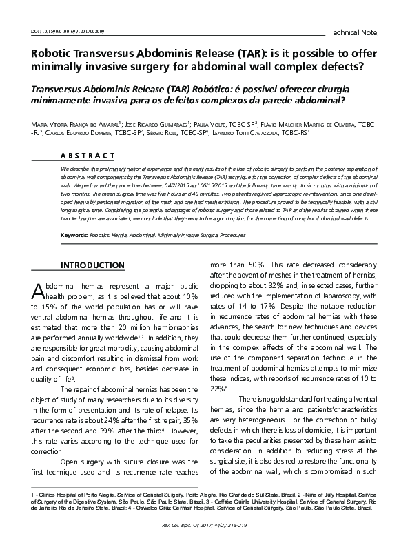 (PDF) Robotic Transversus Abdominis Release (TAR): is it possible to ...