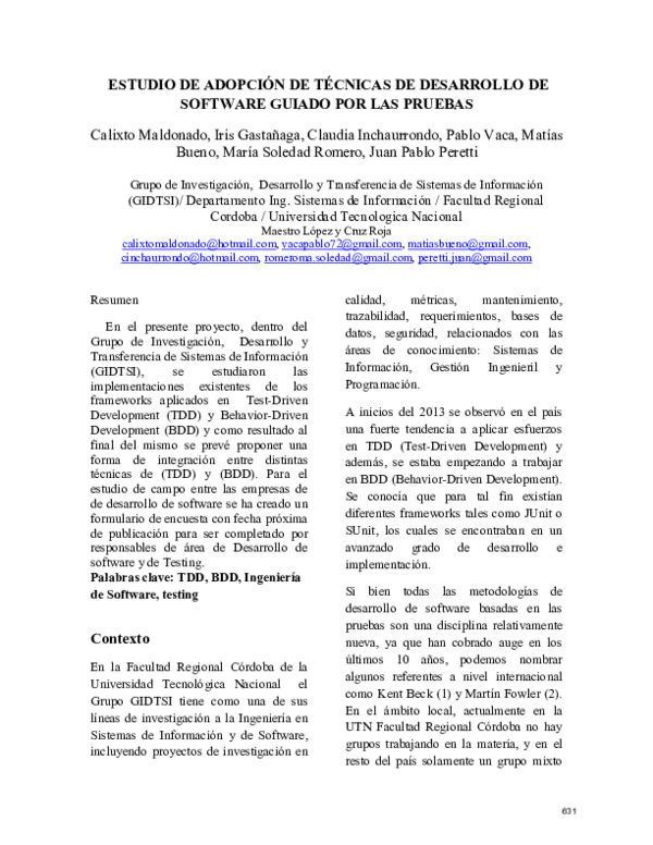 (PDF) Estudio de adopción de técnicas de desarrollo de software guiado por las pruebas