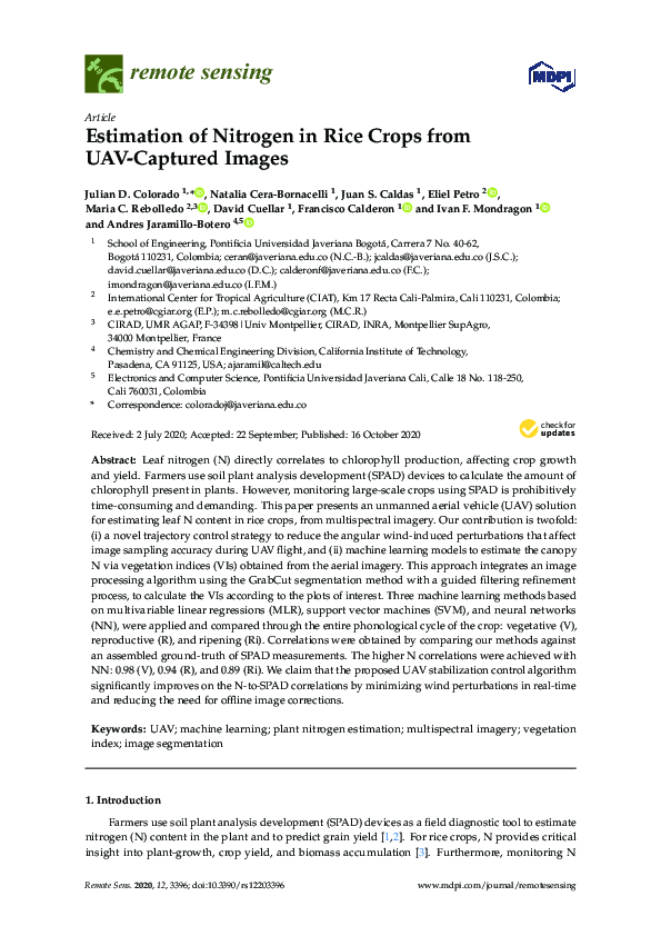 (PDF) Estimation of Nitrogen in Rice Crops from UAV-Captured Images