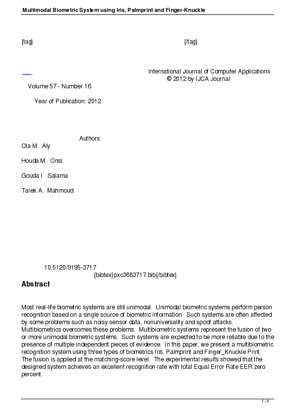 Pdf Multimodal Biometric System Using Iris Palmprint And Finger Knuckle Ola Mostafa Aly