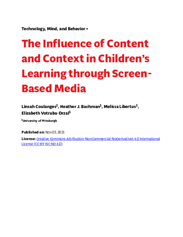 (PDF) The Influence of Content and Context in Children’s Learning ...