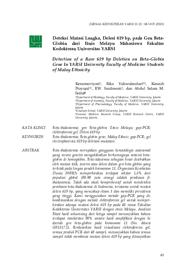 (PDF) Deteksi Mutasi Langka, Delesi 619 bp, pada Gen Beta-Globin dari ...