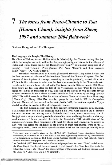 (PDF) The Tones from Proto-Chamic to Tsat [Hainan Cham]: Insights from ...