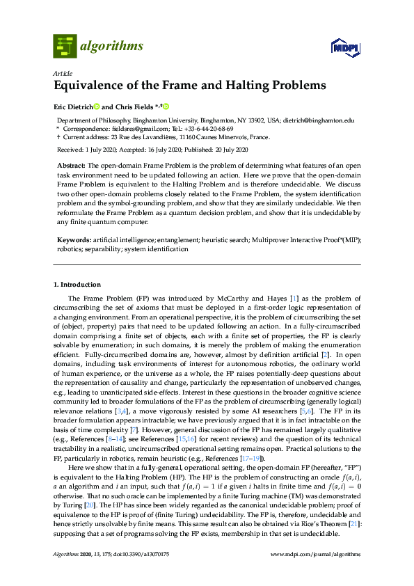 (PDF) Equivalence of the Frame and Halting Problems