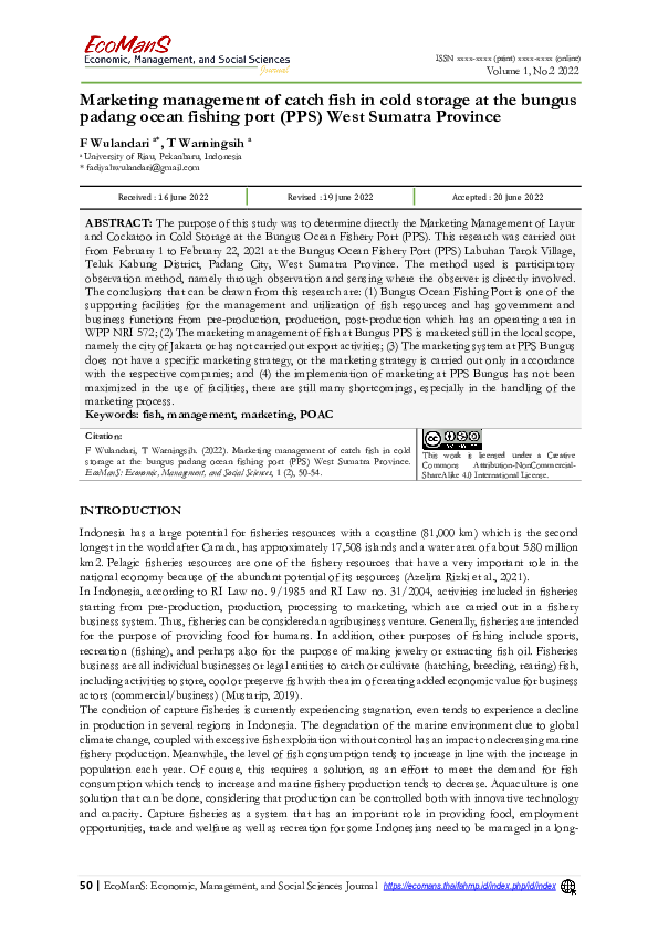 (PDF) Marketing Management of Catch Fish in Cold Storage at the Bungus ...