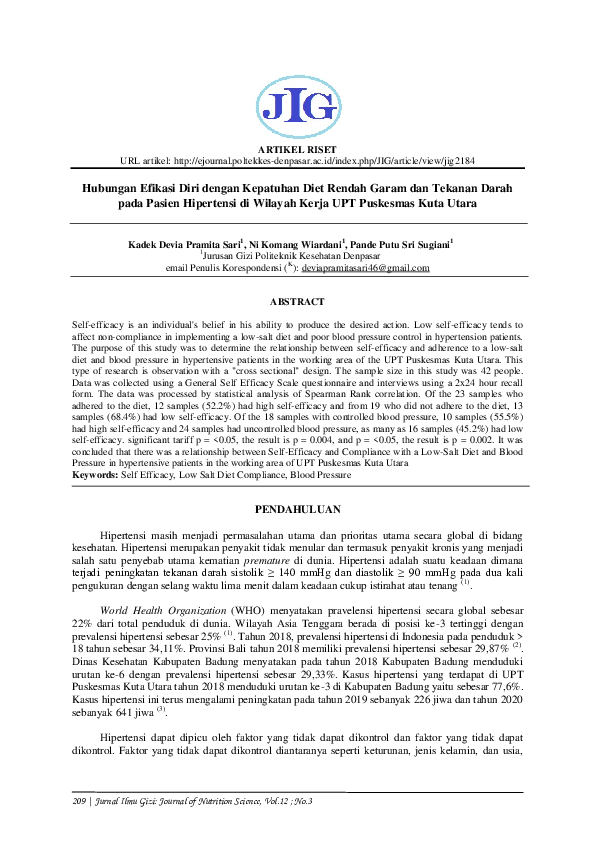 (PDF) Hubungan Efikasi Diri dengan Kepatuhan Diet Rendah Garam dan Tekanan Darah Pada Pasien ...