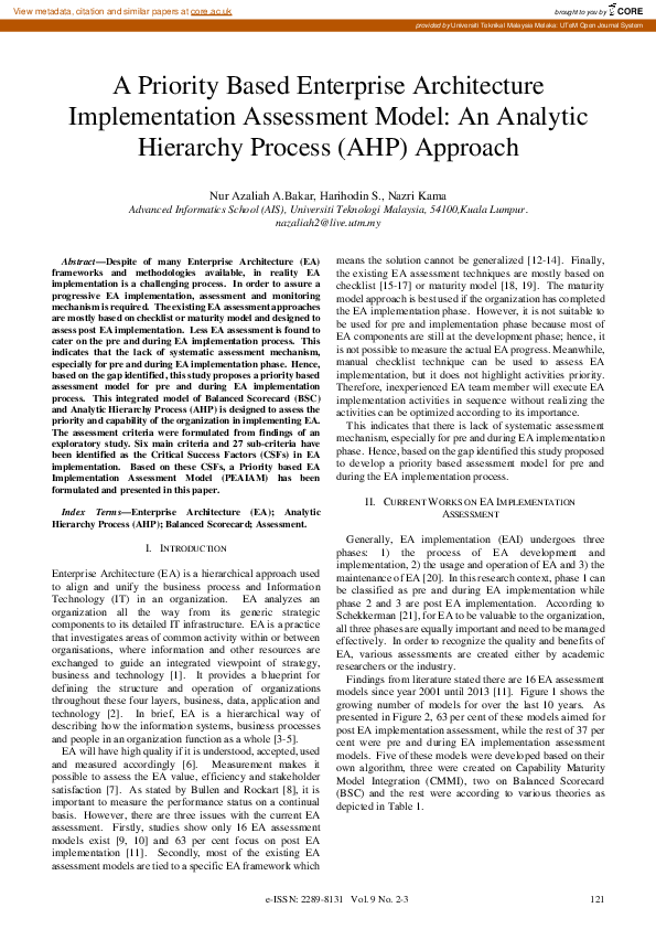 Pdf A Priority Based Enterprise Architecture Implementation Assessment Model An Analytic