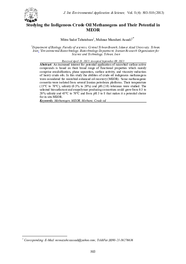 (PDF) Studying the Indigenous Crude Oil Methanogens and Their Potential ...