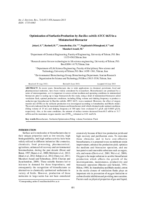 (PDF) Optimization of Surfactin Production by Bacillus subtilis ATCC 6633 in a Miniaturized ...