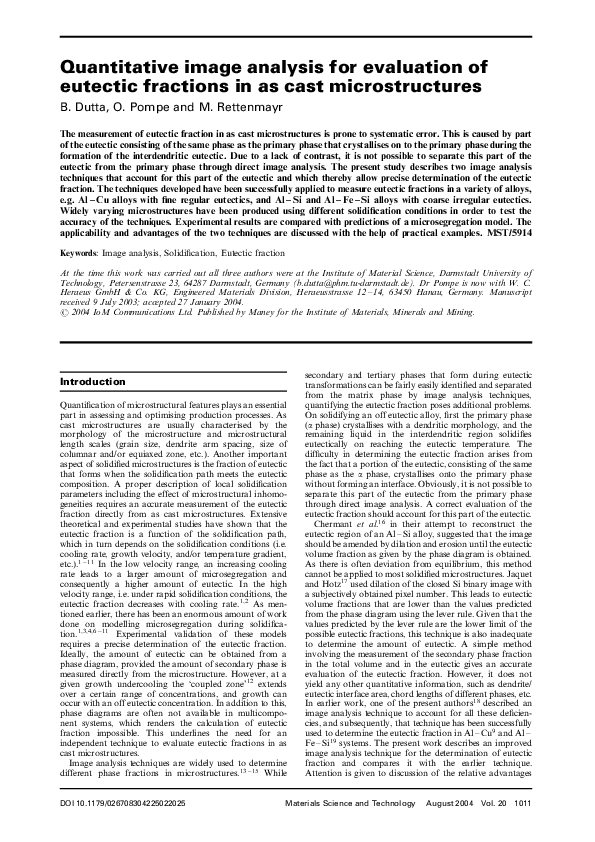 (PDF) Quantitative image analysis for evaluation of eutectic fractions in as cast microstructures