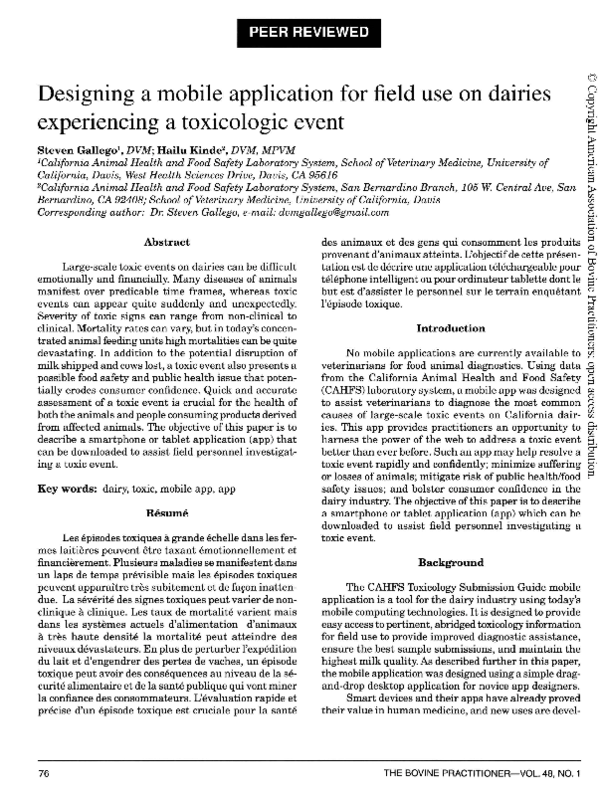 (PDF) Designing a mobile application for field use on dairies experiencing a toxicologic event