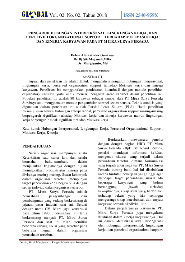 (PDF) Pengaruh Hubungan Interpersonal, Lingkungan Kerja dan Perceived Organization Support ...