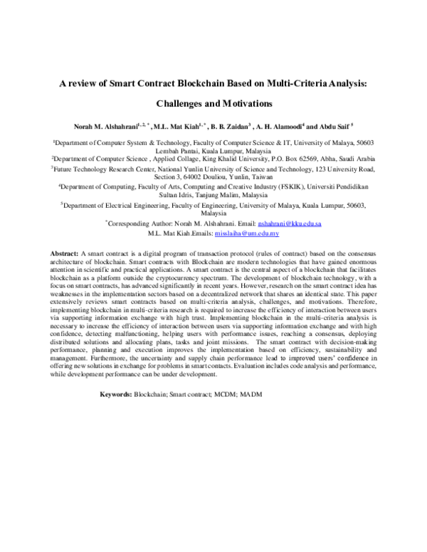 (PDF) A review of Smart Contract Blockchain Based on Multi-Criteria Analysis: Challenges and ...