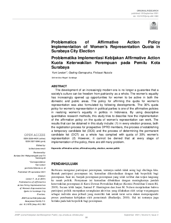 (PDF) Problematics of Affirmative Action Policy Implementation of Women's Representation Quota ...