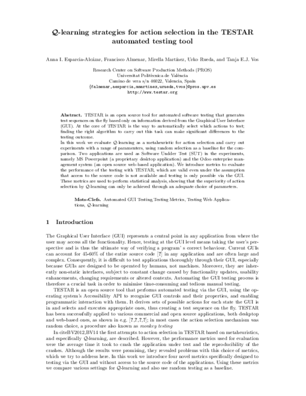 (PDF) Q-learning for Action Selection in TESTAR (PDF) Q-learning for Action Selection in TESTAR