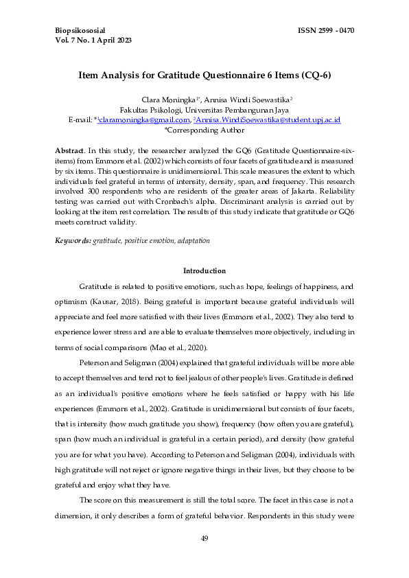 (PDF) Item Analysis for Gratitude Questionnaire 6 Items (CQ-6)