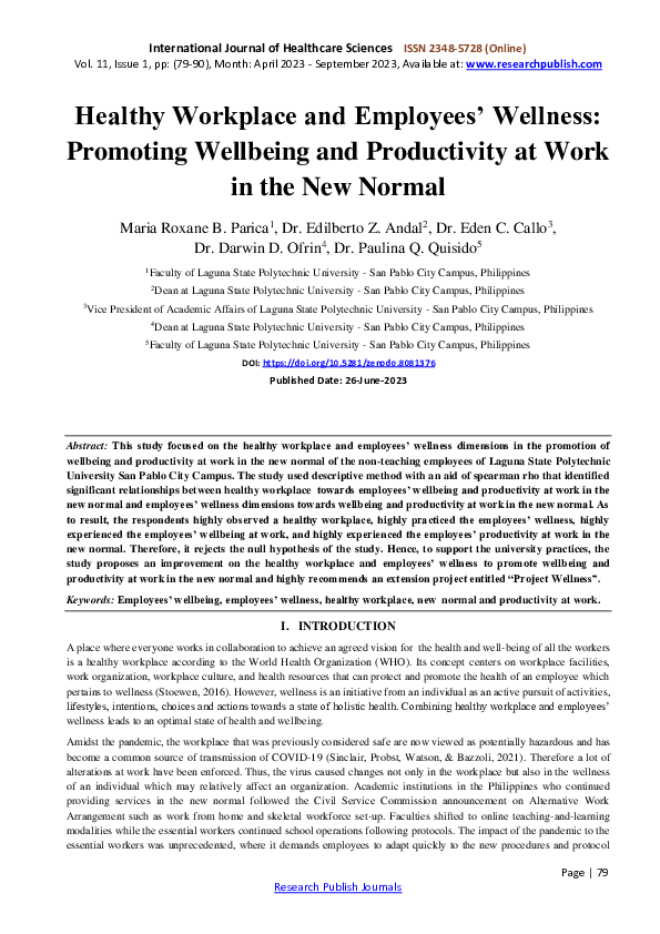 (PDF) Healthy Workplace and Employees' Wellness: Promoting Wellbeing ...