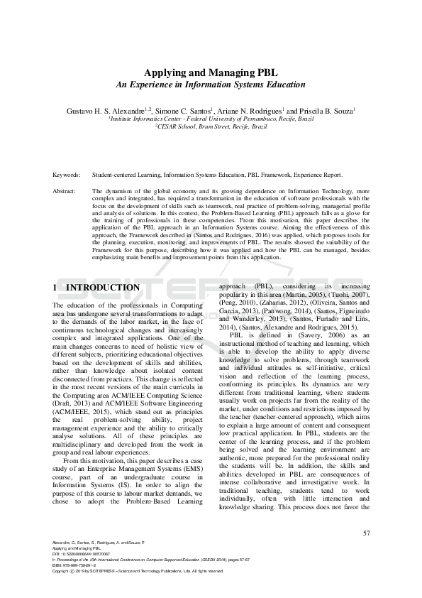 Pdf Applying And Managing Pbl An Experience In Information Systems 2521