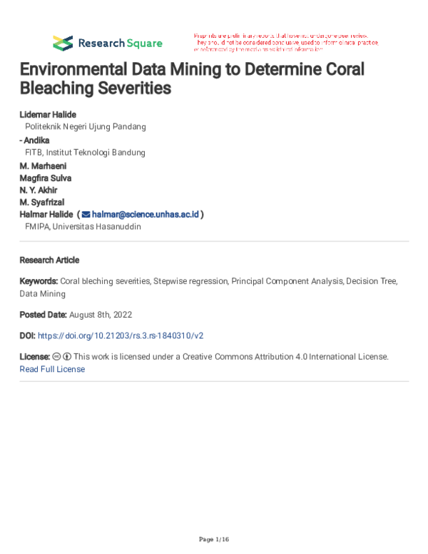 (PDF) Environmental Data Mining to Determine Coral Bleaching Severities