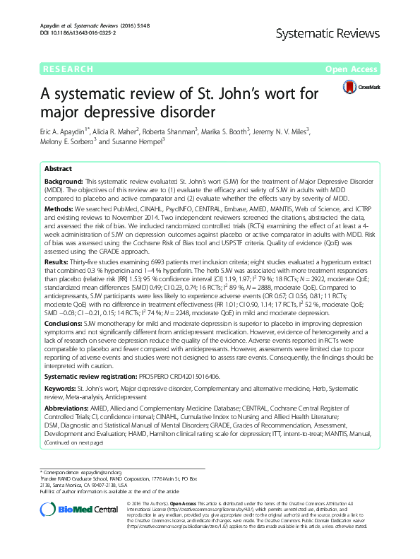 Pdf A Systematic Review Of St John S Wort For Major Depressive