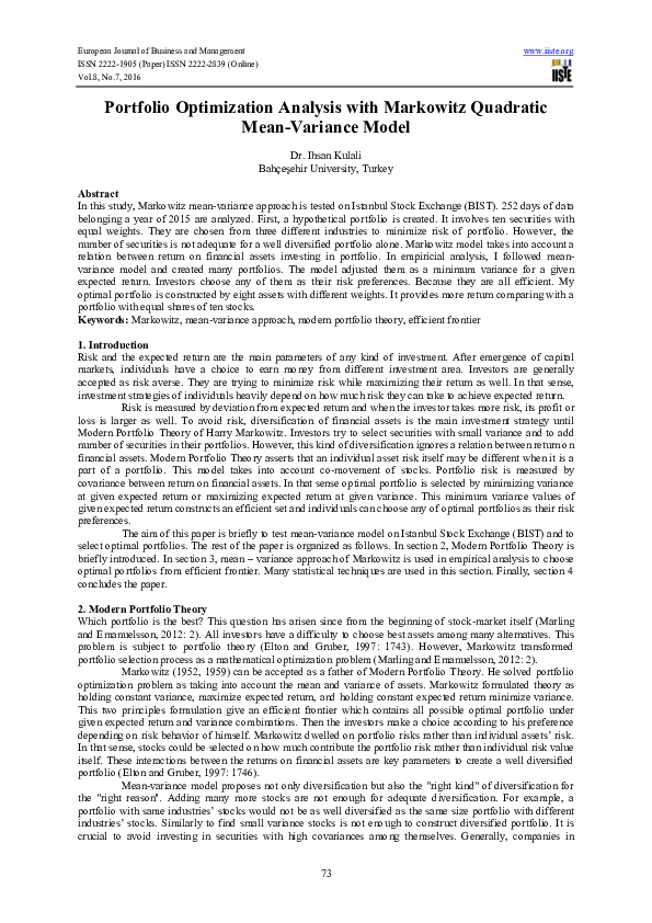 Pdf Portfolio Optimization Analysis With Markowitz Quadratic Mean Variance Model