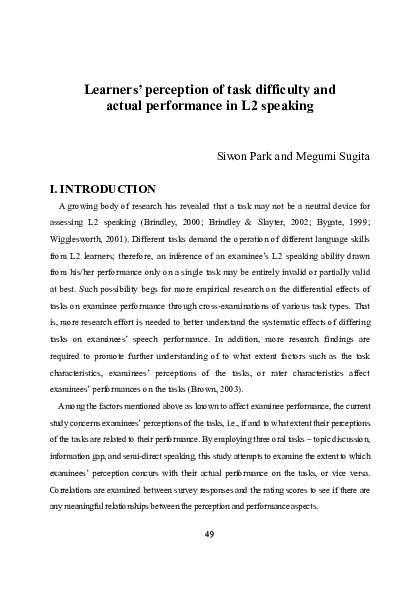 (PDF) Learners' perception of task difficulty and actual performance in L2 speaking