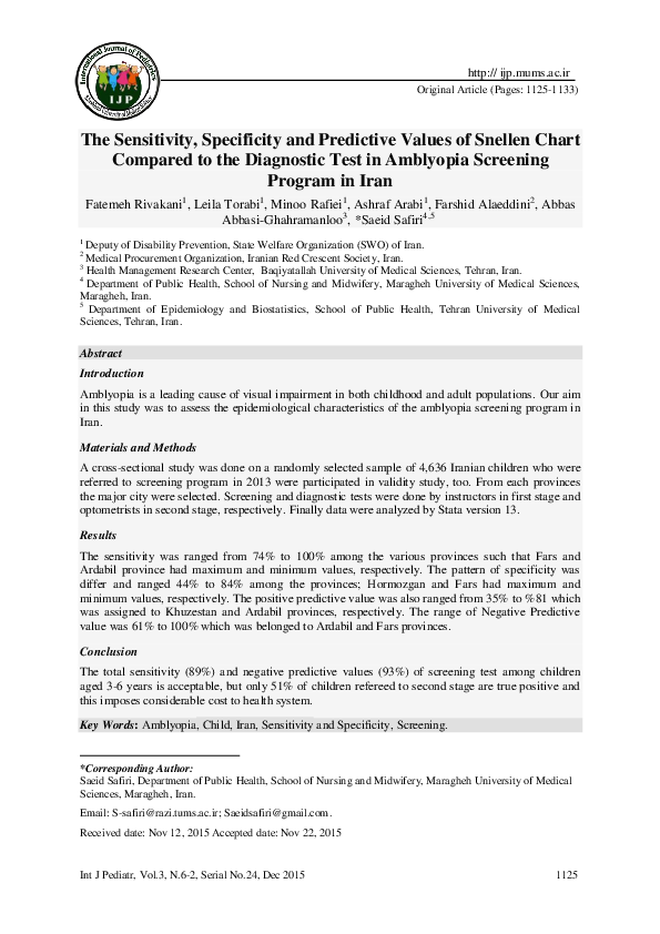 (PDF) The Sensitivity, Specificity and Predictive Values of Snellen Chart Compared to the ...